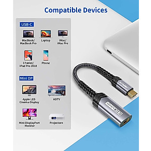 JSAUX USB Type C to Mini DisplayPort Adapter 4K@60Hz, C to Mini Display Port Dongle Cable, Compatible with MacBook Pro 2019 2018, Dell XPS, Samsung Galaxy S21 S20 Plus-Grey