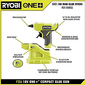 Techtronics Ryobi ONE+ 18V Cordless Compact Glue Gun Kit with 1.5 Ah Compact Lithium-Ion Battery and 18V Charger