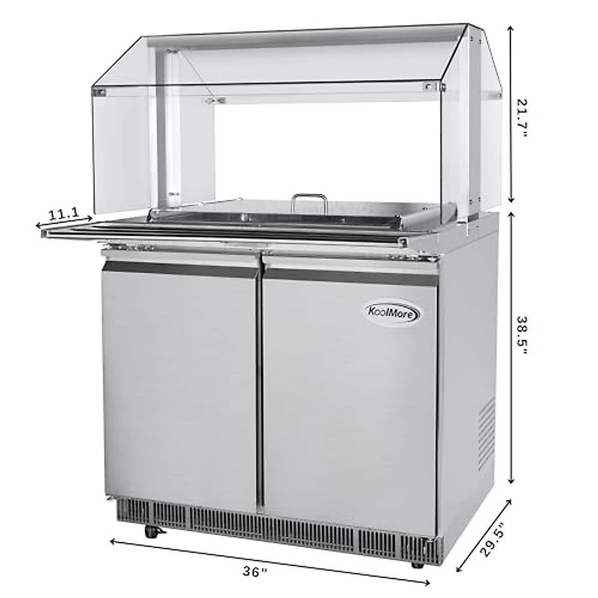 KoolMore 36 in. Commercial Refrigerated Prep Station with Sneeze Guard and Buffet Slide, 6 Pans with Covers and Two Adjustable Shelves in Stainless-Steel, ETL Listed (KM-RBT-36CSFG)