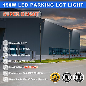 480V 150W LED Parking Lot Light, 21000LM(140lm/w) 5000K LED Shoebox Area Light - Slip Fitter Mount, Dimmable Outdoor Commercial Street Lighting (600W HID/HPS Equivalent) IP65 277-480V UL DLC Listed