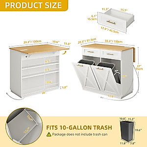 YITAHOME Double Tilt Out Trash Cabinet 10 Gallon with Drop Leaf & Power Outlet, Rolling Kitchen Island Trash Can Recycling Cabinet w Drawer, Pet Proof Garbage Bin Storage for Kitchen, White Oak
