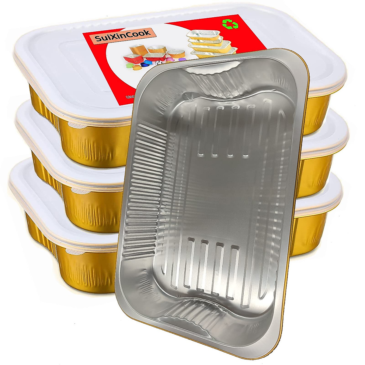 SuiXinCook Gold Aluminum Foil Baking Pan with lids Heavy Duty 9"×13"(10pack+10Lids), Double thickening, Disposable cake pans,Microwave oven safetyle. for Cooking,，Heating,Storage, BBQ