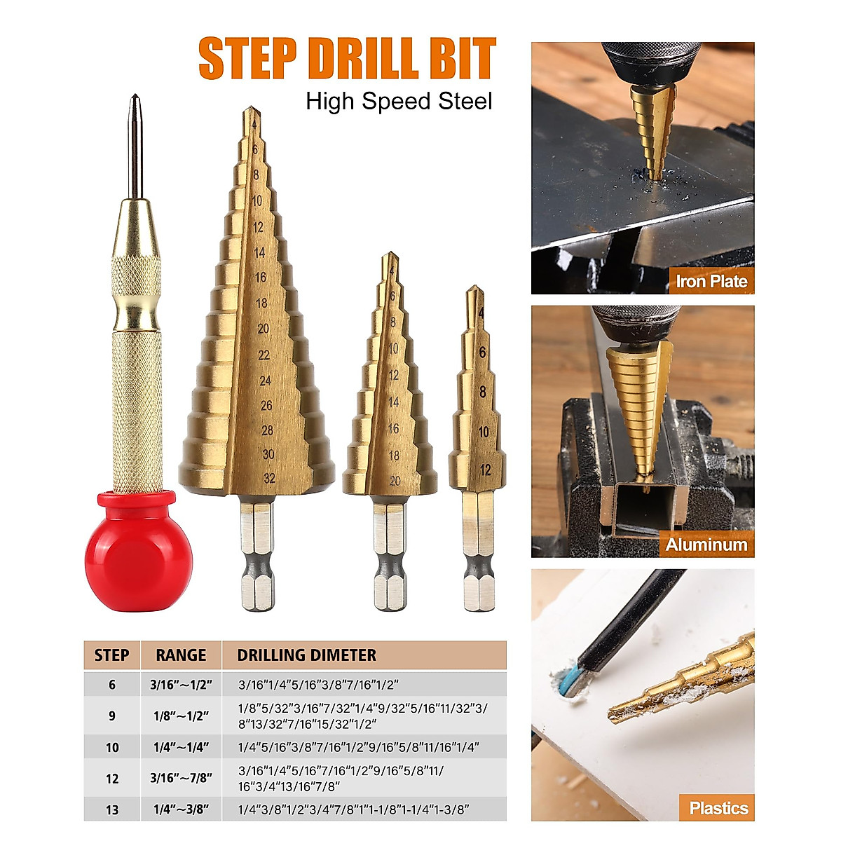 35 Pack Woodworking Chamfer Drilling Tools, 7pcs Countersink Drill Bit Set, 3pcs High Speed Steel Step Drill Bits, 6pcs Chamfer Drill Bit, 8pcs Wood Plug Cutter, 1 Automatic Center Punch for Wood, Met