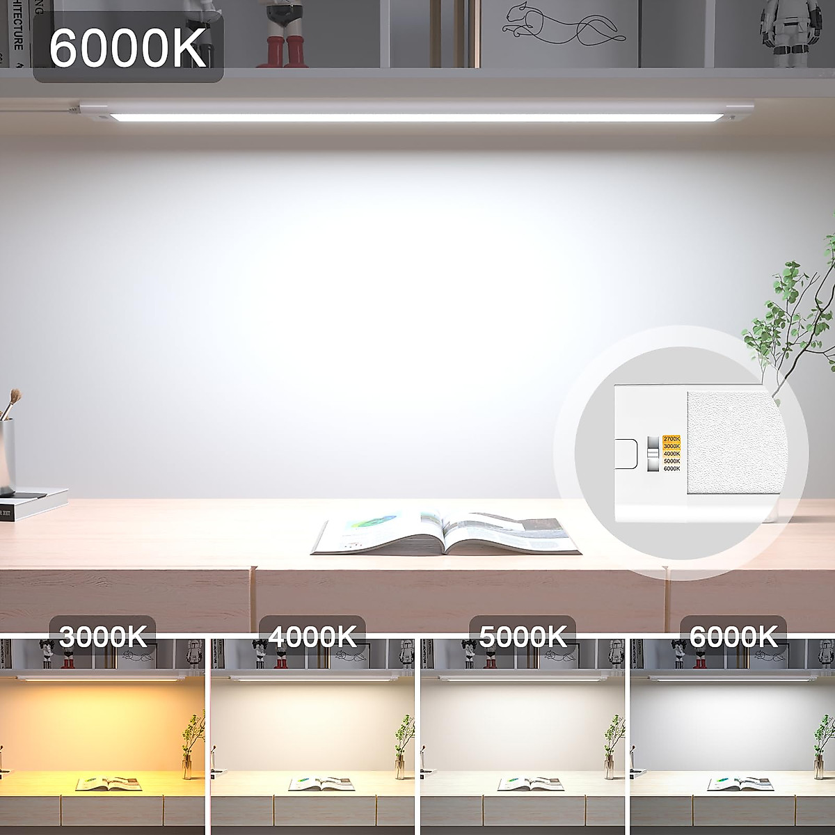 WOBANE Under Cabinet Lighting, 24 inch Plug in LED Counter Light Bar, Hand Wave Activated, Touchless Dimmable for Kitchen Cabinet, Shelf, Under Desk, Color Tunable 2700K to 6500K,White Panel,1400LM