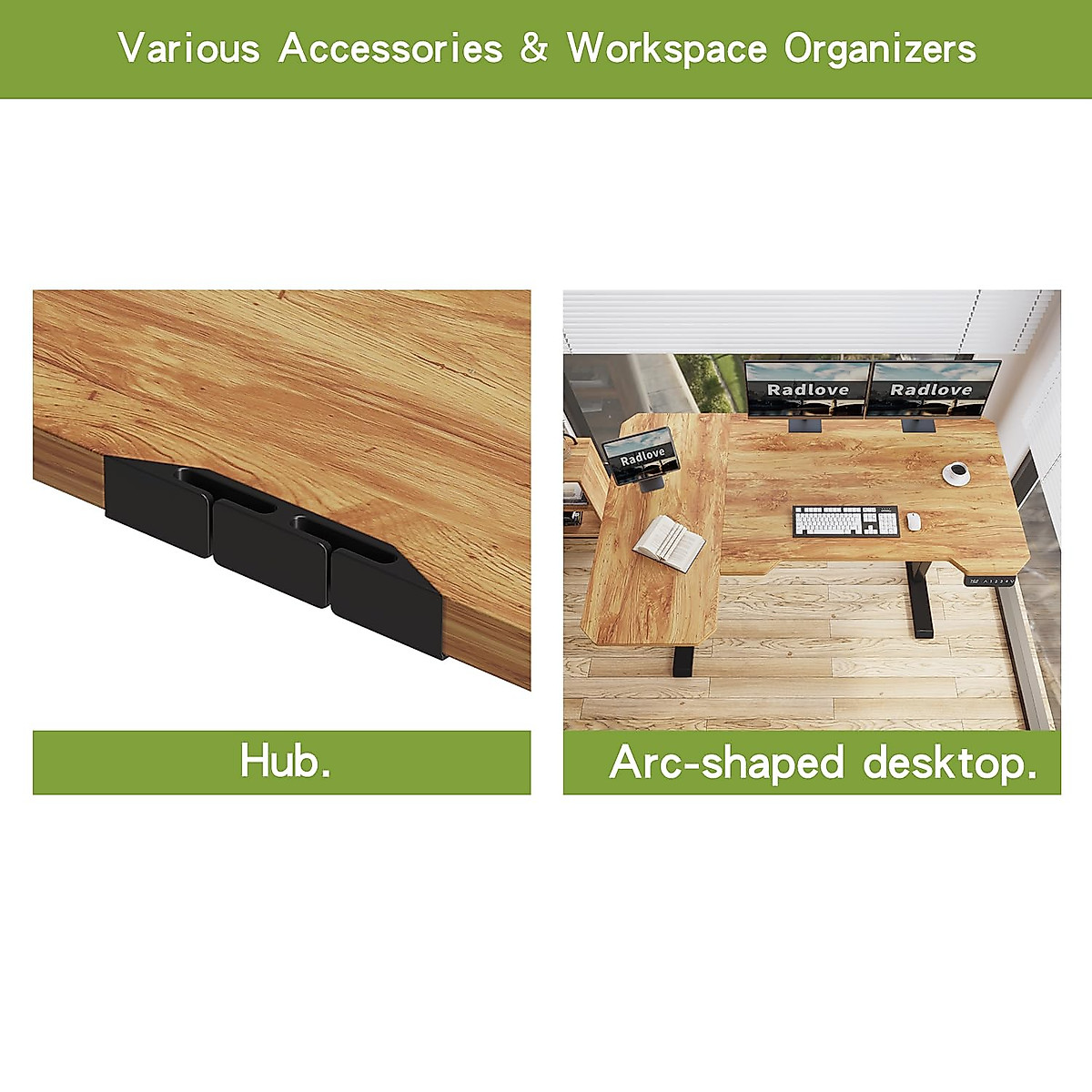 Radlove Dual Motors Height Adjustable 59'' L Shaped Electric Standing Desk with Curved Design Stand Up Table 4 Memory Keys, Computer Desk Splice Board Home Office Desk,Light Brown Top