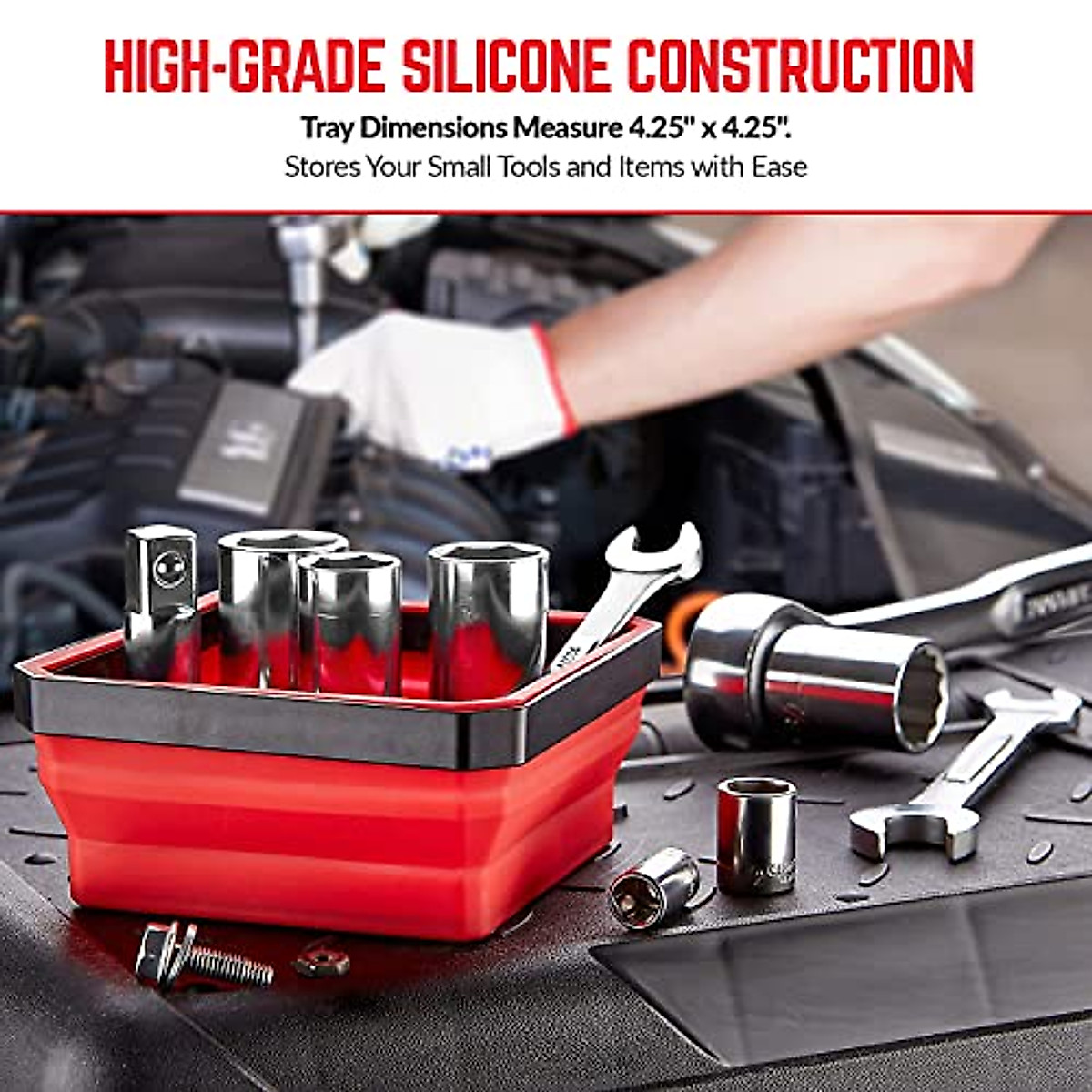 Collapsible Magnetic Parts Tray Set - (Pack of 3) Tool Trays for Screw, Bolts, Nuts, Washers, Pins and Other Small Metal Parts - 4.25 Inch Square - Red, Blue, and Green