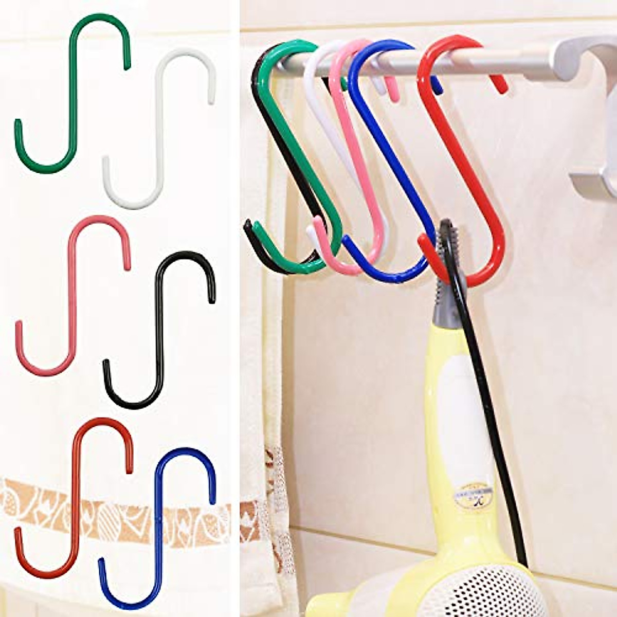 Wellmax 60PCS S Hooks for Hanging, Heavy Duty S Shaped Hooks, Colored Metal S Hook Set for Hanging Plants, Closet, Kitchen, Pot Rack, and pots and Pans. 5 inches Long and 6mm Thick