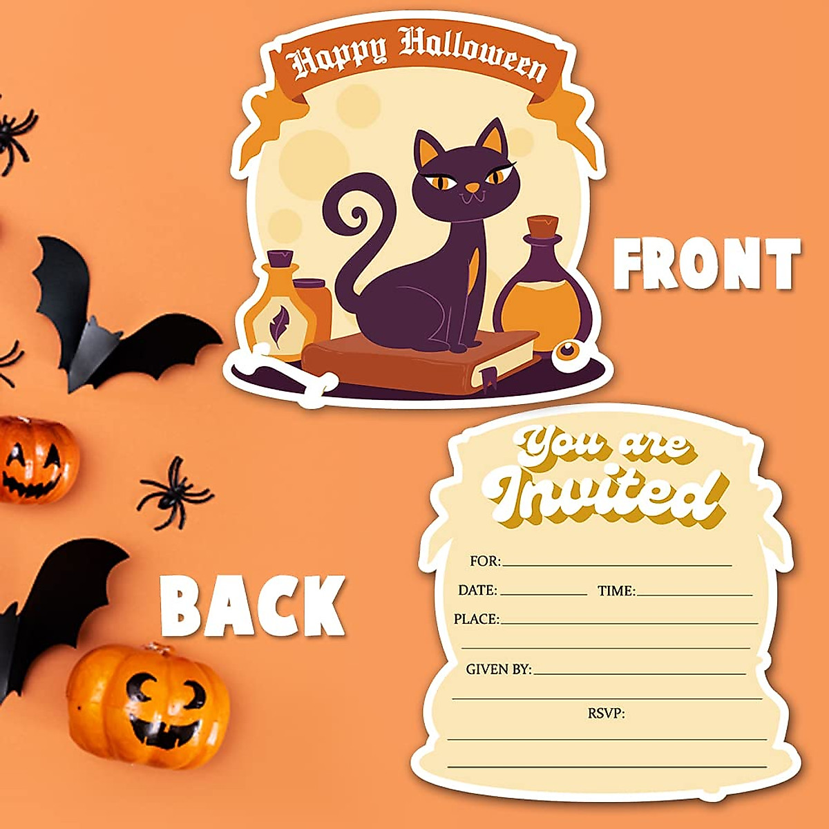Deluxe Halloween or Costume Party Invitations, 25 Shape Fill-in Cards with Envelopes, Pumpkin, Ghost, Monster, Cute Trick or Treat, Box or Treat for Kids Birthday or Adult party - 4"X6" (JRM378)