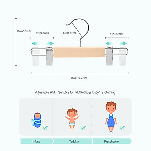 Nature Smile 20 Pack 10.2 Inches Unfinished/Natural Kids Baby Toddler Infant Children Solid Wooden Pants Skirts Hangers Wood Trousers Bottom Hangers with 2-Adjustable Clips 360° Stronger Swivel Hook