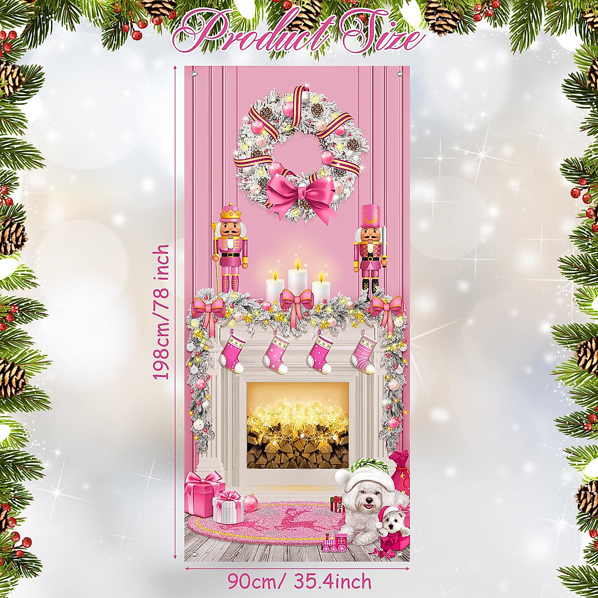 Buryeah Christmas Door Cover Decoration Christmas Fireplace Door Cover Xmas Nutcracker Banner Backdrop Photo Booth Prop Background for Holiday New Year Door Party Supplies 6.5 x 3 Feet (Pink Style)