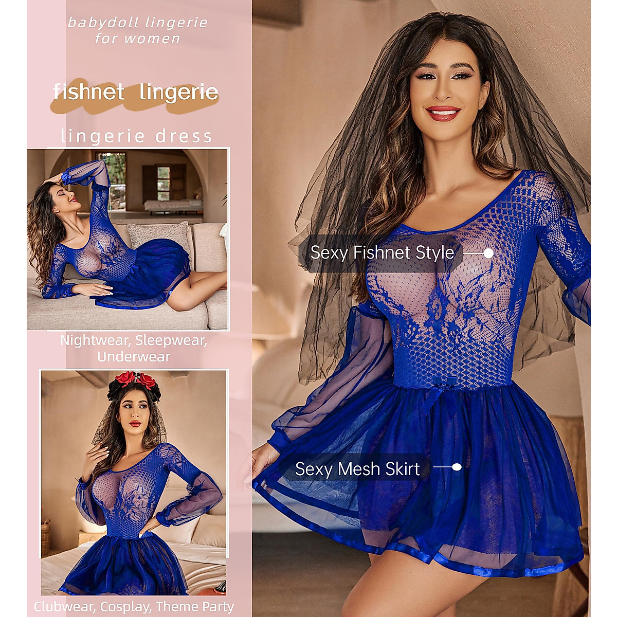 Avidlove Lingerie for Women Halloween Pajamas Women Long Sleeve Babydoll Dress Lace Fish Nets Mesh Chemise Boudoir, Blue, XL