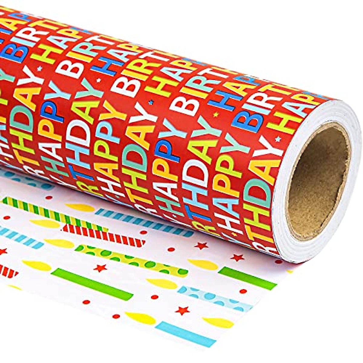 WRAPAHOLIC Birthday Reversible Wrapping Paper - Mini Roll - 17 Inch X 33 Feet - Happy Birthday Lettering on Red Design for Birthday, Holiday, Party, Baby Shower