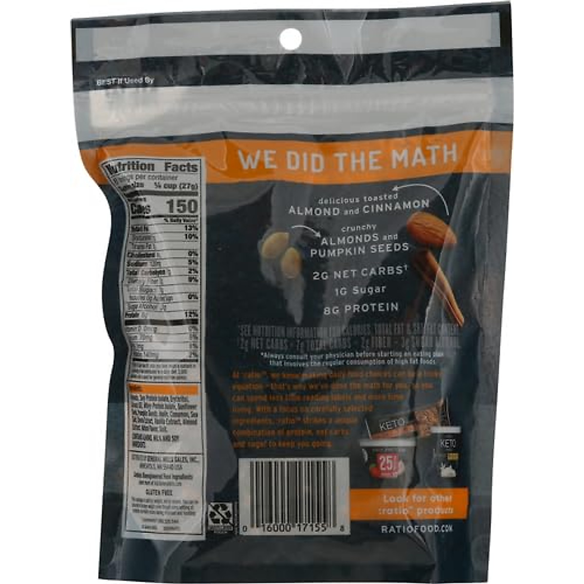 Ratio Toasted Almond Granola Cereal, 2g Sugar, Keto Friendly, 8 OZ Resealable Cereal Bag