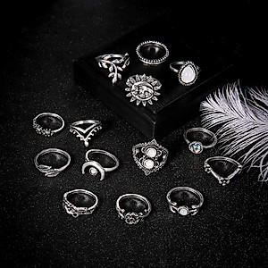 SEniutarm Engagement Love Rings Wedding Bands 14Pcs Vintage Sunflower Moon Finger Midi Knuckle Rings Set Women Party Jewelry for Women/Girl Finger Rings DIY Jewelry Gifts - Silver