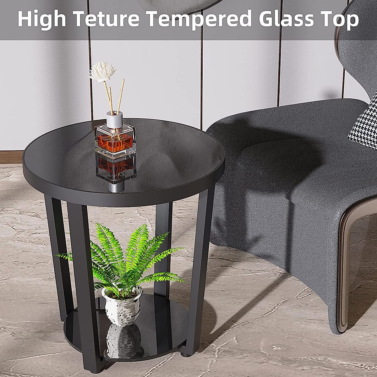 NSFRCLHO Round End Table, Tempered Glass End Table with Metal Frame, Small Coffee Table, Black Sofa Side Table for Living Room, Balcony, Bedroom