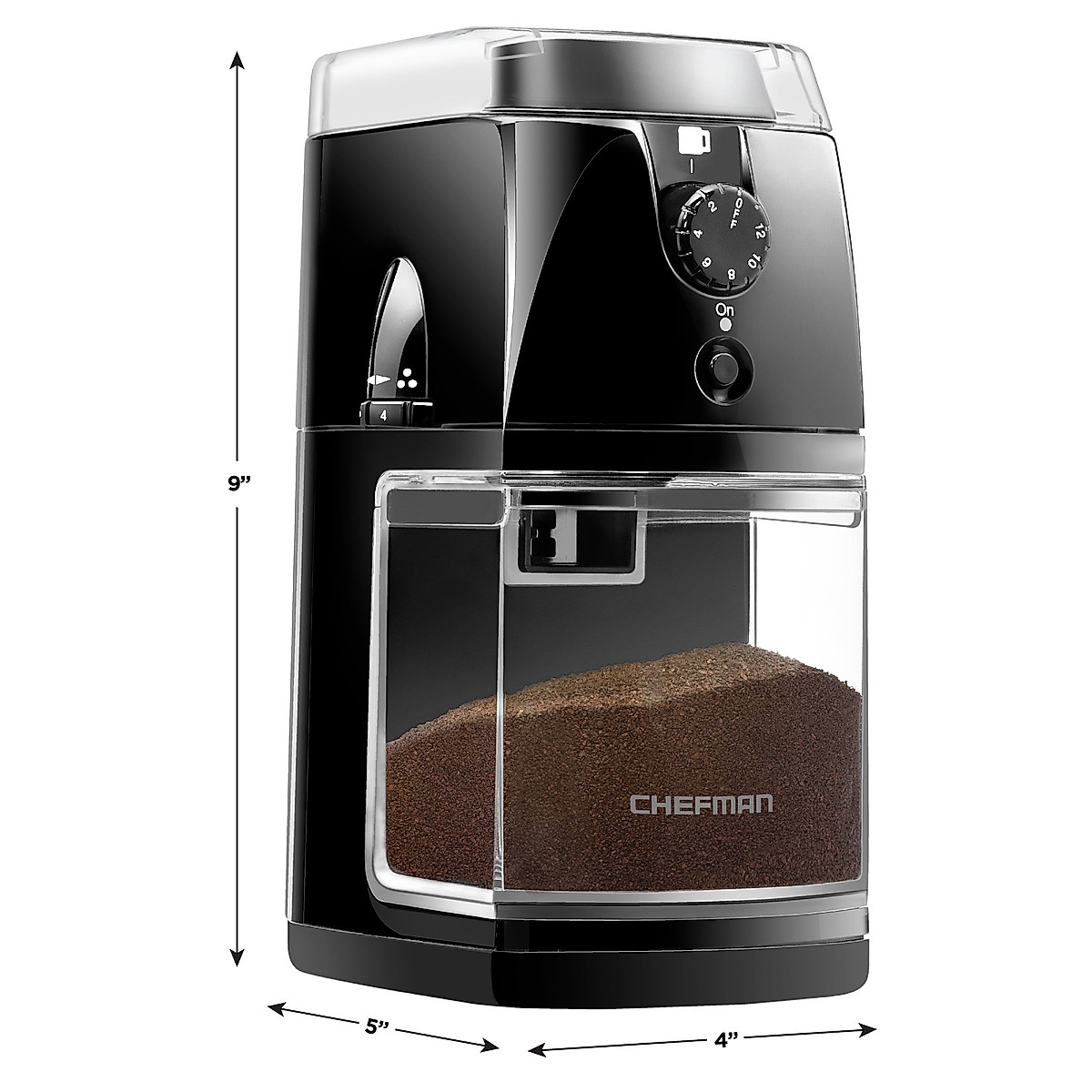 Chefman Coffee Grinder Electric Burr Mill - Freshly Grinds Up to 2.8oz Beans, Large Hopper with 17 Grinding Options for 2-12 Cups, Easy One Touch Operation, Cleaning Brush Included, Black