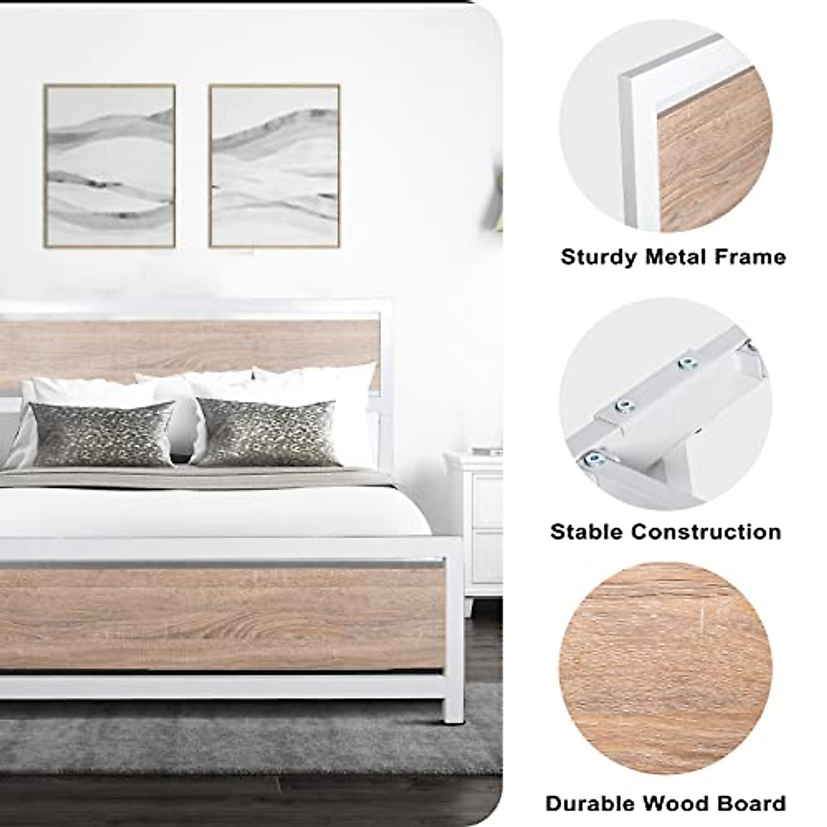 Bed Frame with Industrial Wooden Headboard and Footboard Strong Metal Support Frame Noise-Free No Box Spring Needed (White, Full)