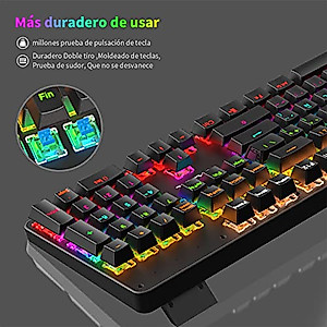 eboxer-1 Gaming Keyboard, USB Wired Keyboard with RGB Rainbow Backlit, 104 Keys Spanish Keyboard with Ñ and Blue Switch, Mechanical Keyboard for Desktop Notebook