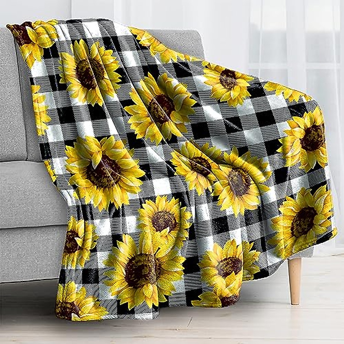 Reunbmq Super Soft Flannel Fleece Throw Blanket, Lightweight Sherpa Blankets Comfortable Bed Throws 3D Printed Blanket for Couch/Chair/Sofa/Bed/Dorm/Bedroom/Home (Sunflower Buffalo Plaid)
