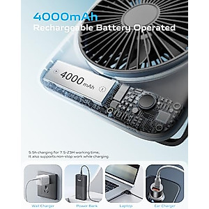 Otlonpe Desk Fan Rechargeable Portable Fan, 4000mAh Battery Operated Personal Silent Table Fan, 6.5 Inch Small Travel Fan with Power Bank, 4 Speeds Desktop Fan for Bedroom Home Office Outdoor, Black