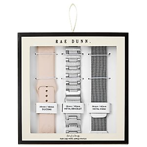 Rae Dunn Apple Watch Set of 3 Straps Fits 38mm 40mm Mesh, Silicone, Link Bracelet (38mm/40mm, Silver, Pink, Silver)