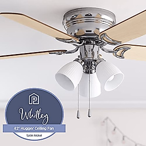 Prominence Home Whitley, 42 Inch Traditional Flush Mount Indoor LED Ceiling Fan with Light, Pull Chain, 5 Dual Finish Blades, Reversible Motor - 50863-01 (Satin Nickel), Bright Brass