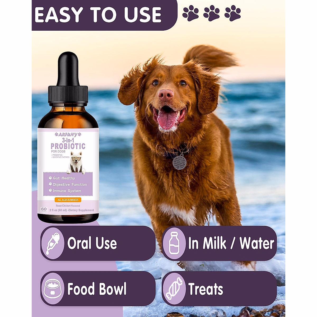 Probiotics for Dog | 60ML Liquid Probiotics for Dogs Support Gut Flora, Digestive Health & Diarrhea| Dog Digestive Enzymes & Prebiotics | Dogs Probiotics Allergies & Itchy Skin Relief | Roast Chicken