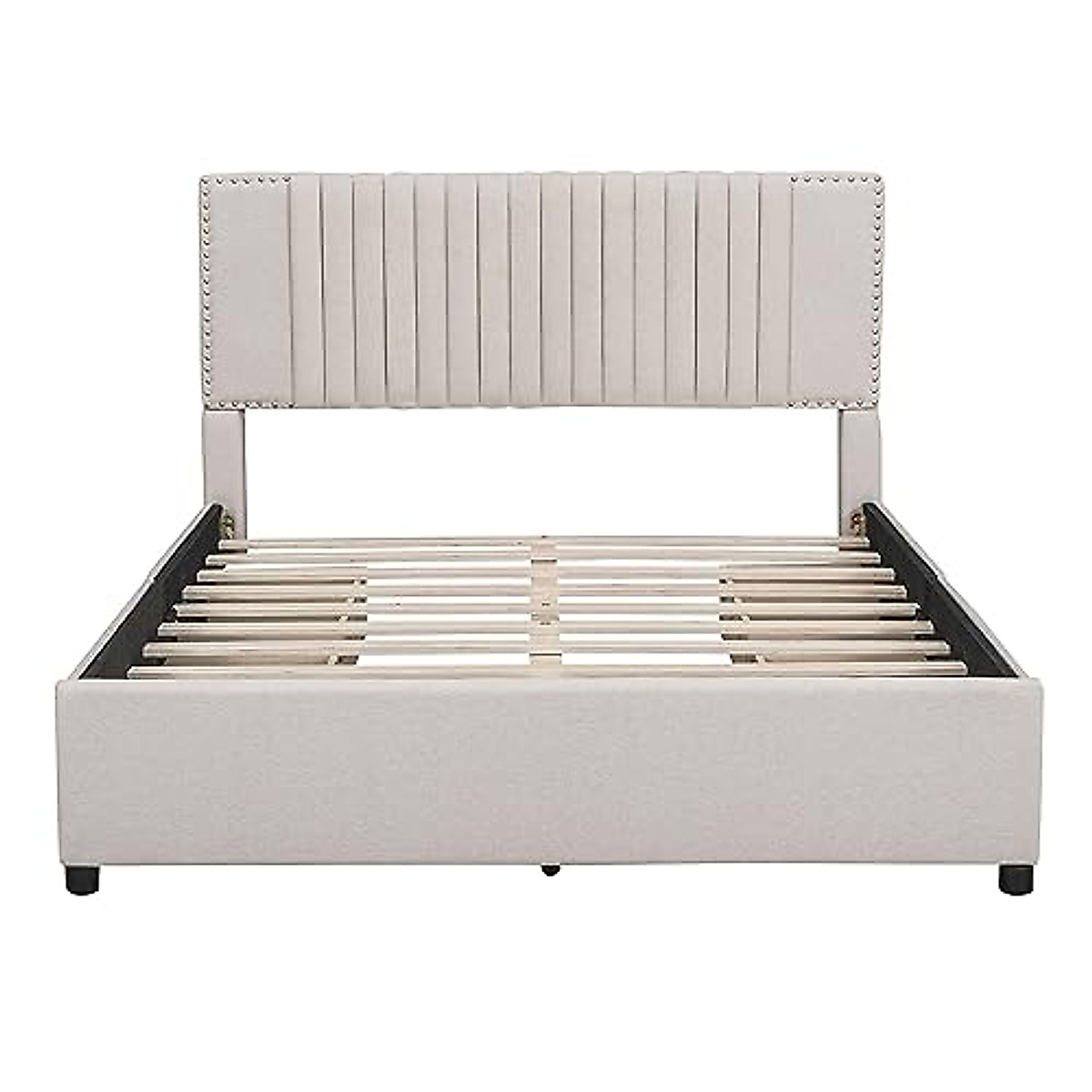 ATY Queen Size Platform Bed with 4 Storage Drawers & Classic Headboard, Upholstered Linen Bedframe, Save Space, Perfect for Bedroom,Livingroom,Guestroom, No Box Spring Needed, Beige
