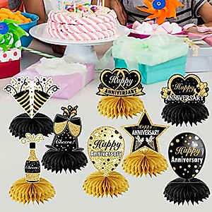 8Pcs Happy Wedding Anniversary Decorations Table Honeycomb Centerpieces, Anniversary Theme Party Supplies for Adult, Black Gold 10th 20th 30th 40th 50th 60th Anniversary Table Sign Decor