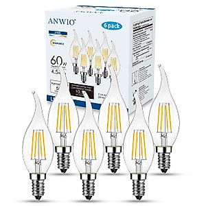 ANWIO Flame Tip LED Filament Bulb Candelabra E12 Base, Dimmable 4.5W (60W Equivalent) B11 Chandelier Candle Light Bulb, 2700K Warm White 6-Pack