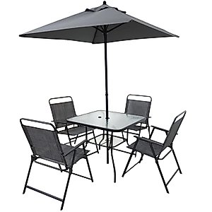 TURRIDU Set of 6 Outdoor Dining Set for 4 People, Metal Patio Furniture with 1 Tempered Glass Table & 4 Folding Chair & 1 Foldable Umbrella for Backyard Garden Patio, Black
