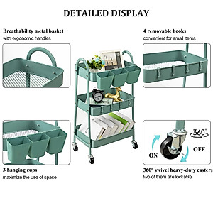 danpinera 3-Tier Rolling Cart, Metal Rolling Storage Cart with Lockable Wheels & Hanging Cups & Hooks, Mobile Trolley Cart for Kitchen, Bathroom, Office, Workshop, Green
