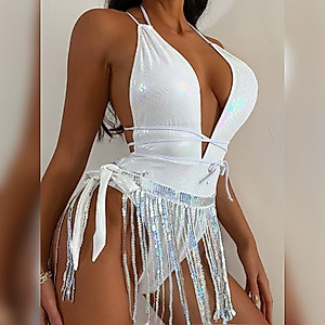 Rave Outfits for Women Festival Clothing Alien Costume Women Sexy Halloween Fairy Costumes Space Cowgirl Outfits Cosplay Dress Up Shiny Bra Crop Top Swimsuit Bikini Sets White Snakeskin Large