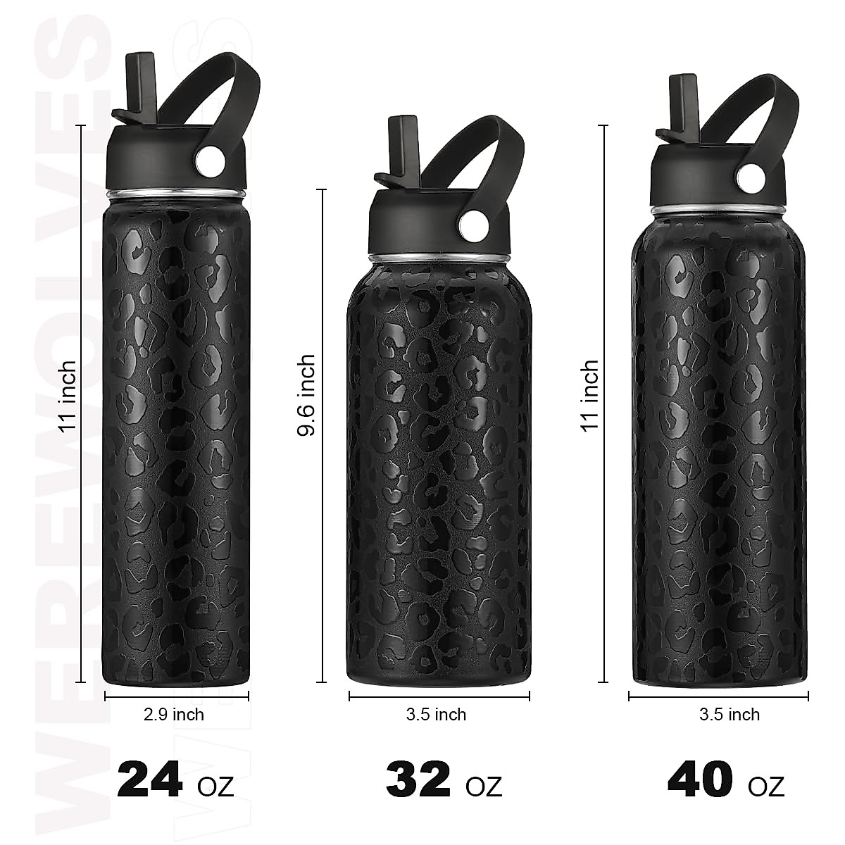 WEREWOLVES Personalized Insulated Water Bottle with Paracord Handle Straw Lid & Spout Lid, Vacuum Stainless Steel Wide Mouth Water Bottle for Adults (40oz, Leopard Print-Black)