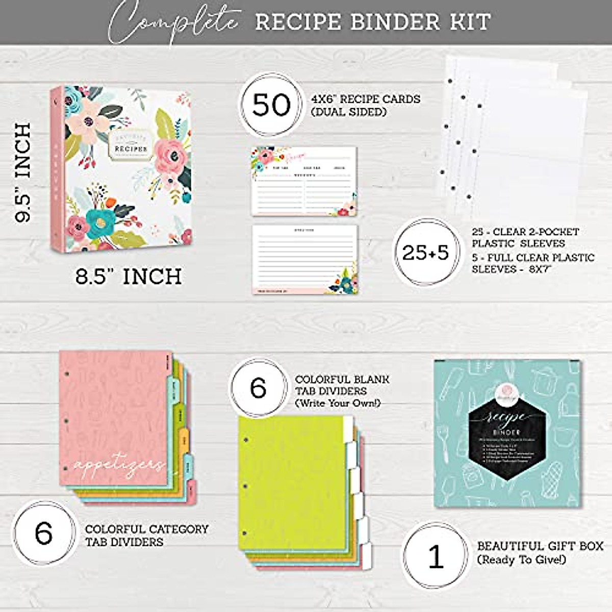 Recipe Binder 3 Ring Organizer Blank Recipe Book 8.5" x 9.5" with 50 Blank Recipes Cards (4x6), Full Page Dividers, Plastic Page Protectors Recipe Book to Write in Your own Recipes