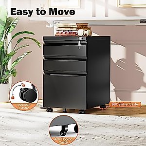 Sweetcrispy File Cabinet - 3 Drawer File Cabinet with Lock, Mobile Rolling File Cabinet, Under Desk File Cabinet with Pre-Assembled, Metal Small File Cabinet for Home Office