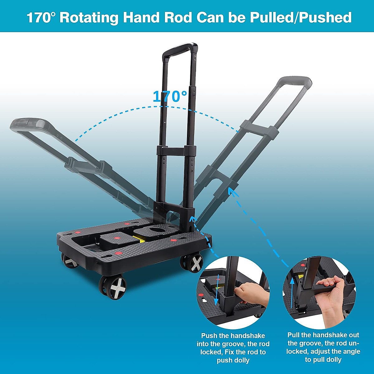 Monyus Portable Folding Hand Truck, 110 lbs Heavy Duty Luggage Cart with 4 Rotate Wheels, Hand Truck Dolly Foldable, Utility Cart with Adjustable Handle for Luggage Travel Shopping Moving Office Use
