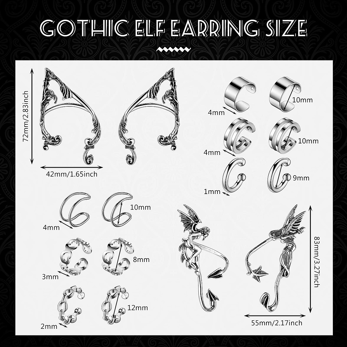16 Pcs Elf Ear Cuffs Silver Piercing Ear Cuff Earrings Stylish Metal Sliver Colored Gothic Stud Earrings for Costume Cosplay (Elf Angel Demon Style)