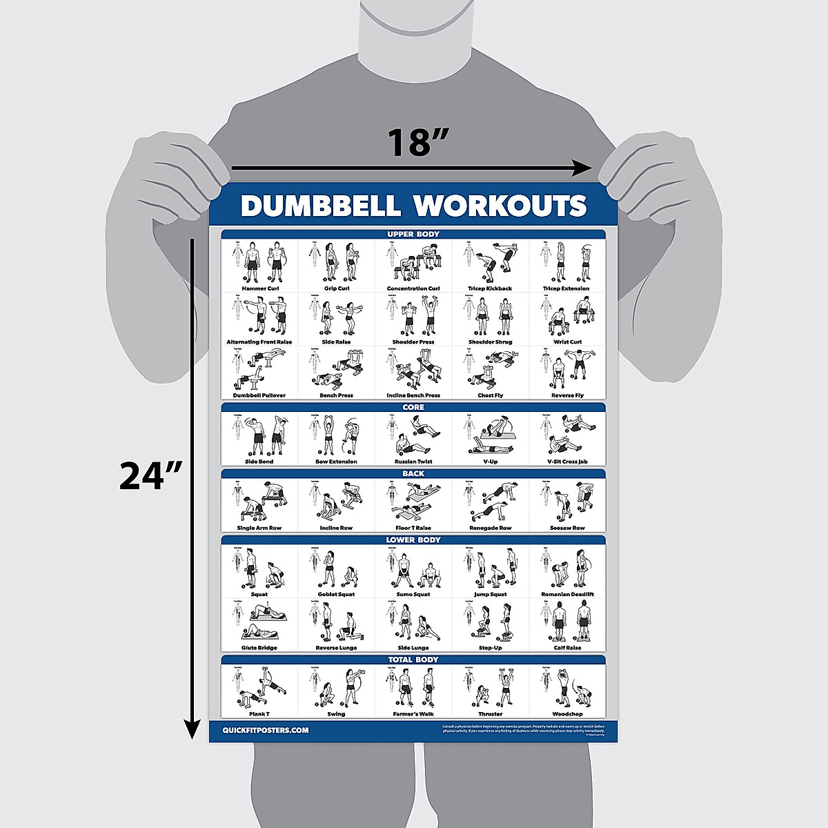 16 Pack - Exercise Workout Poster Set: Dumbbell, Suspension, Kettlebell, Bands, Medicine Ball, Battle Rope, Stretching, Bodyweight, Barbell, Yoga, Exercise Ball (PAPER - NOT LAMINATED, 18" x 24")