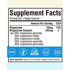 Terranics 5-in-1 Magnesium Complex Supplement 500mg - 5 Forms High Absorption Magnesium Glycinate Citrate Malate Aspartate Gluconate for Sleep Muscle Heart Health - Non-GMO 240 Vegan Capsules