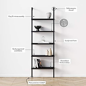 Nathan James Theo 5-Shelf Black Modern Bookcase, Open Wall Mount Ladder Bookshelf with Industrial Metal Frame