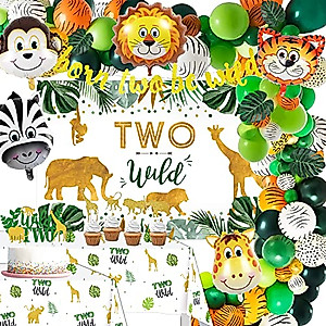 NAIWOXI Two Wild Birthday Decorations - Safari Jungle Theme 2nd Birthday Party Supplies Includes Banner, Backdrop, Balloons Arch, Tablecloth, Topper, Two Wild Jungle Safari Theme Party Decorations