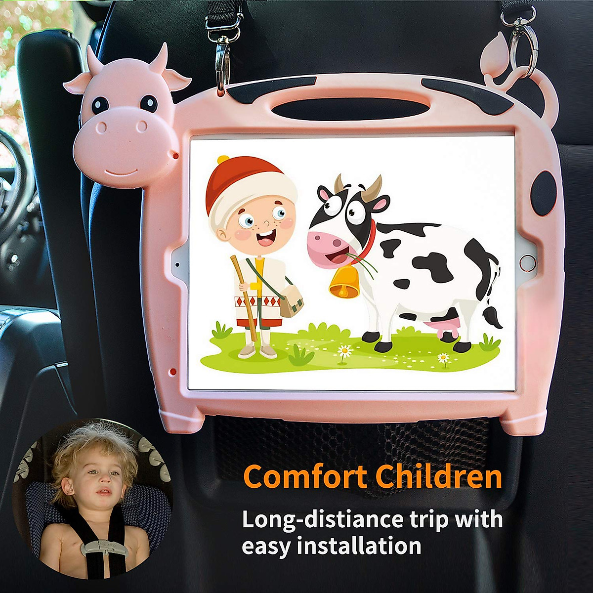 Kids Case for New iPad 9th/8th/7th Generation, iPad 10.2 2021 2020 2019 Case, CHIN FAI Cute Cow Slim Lightweight Shockproof Silicone Handle Stand Protective Cover for iPad 10.2/10.5 Inch (Pink)