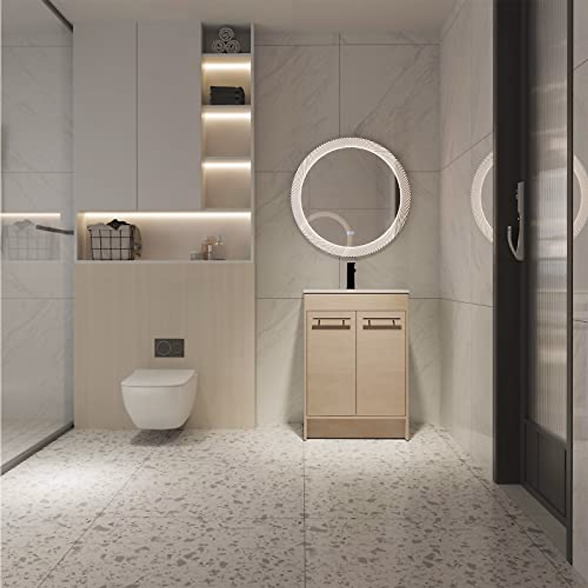 JIBIO 24" Bathroom Vanity Sink Free Standing Bathroom Storage Cabinet w/Ceramic Sinks with 2 Doors Adjustable Shelf Modern Cabinet Space Saver for Apartment Dorm Contemporary Bath