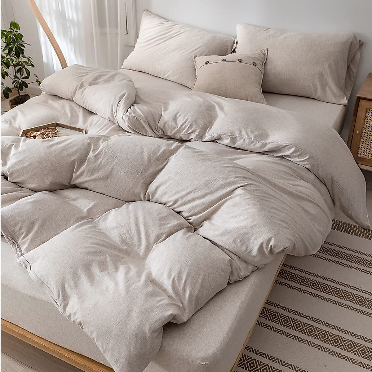 DONEUS Beige Duvet Cover Queen Size - Jersey Knit Duvet Cover Set 100% T-Shirt Cotton Super Soft Comfy 3 Pieces Bedding Set with Zipper Closure, Solid Color Pattern Duvet Cover and 2 Pillow Sham
