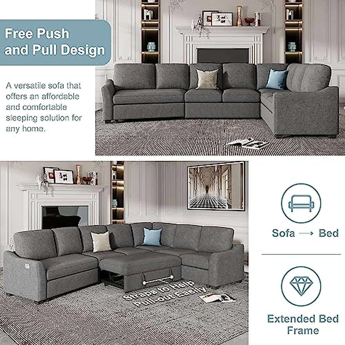 P PURLOVE Sectional Sofa for Living Room, Sectional Sleeper Sofa with Pull-Out Bed, Modern Couch with USB Charging Port, Upholstered L-Shaped Sofa Couch for Bedroom, Large Space(Gray)