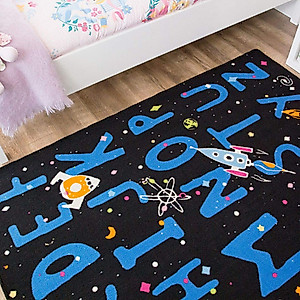 Alphabet A -Z Space Spaceship Blue Black Colourful Boys Kids Childrens Floor Play Area Rug Mat 3'3" x 4'7"
