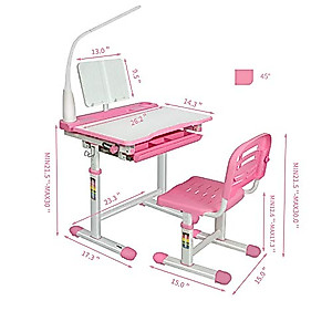 Diroan Kids Functional Desk and Chair Set, Ergonomic Height Adjustable Children School Study Desk with Tilt Desktop, Book Stand, LED Light, Metal Hook and Storage Drawer for Boys Girls(Pink)