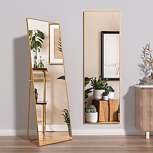 OBIOZZ Bedroom Floor Standing Mirror Full Length Mirror 60 × 16 Inches, Gold Standing Body Mirror, Floor Mirror, Standing Hanging or Leaning