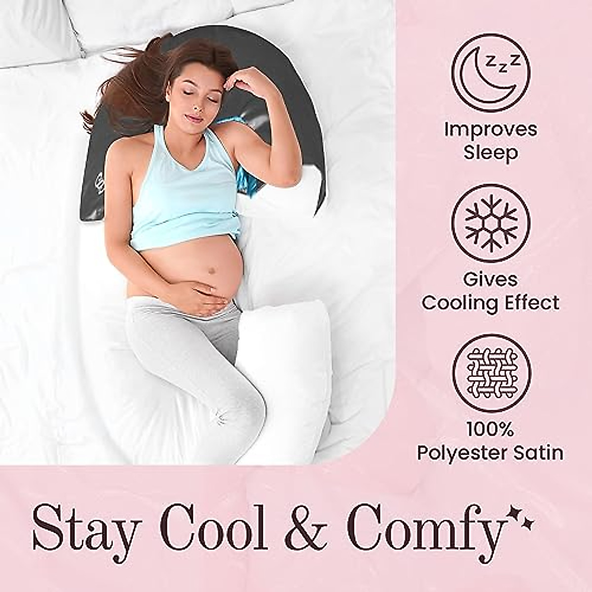 Beavion Satin Snuggle Pregnancy Pillow Cover, Satin Maternity Pillow Cover for Cooling Skin & Hair, Durable C and U Pillow Cover, Baby Blue Accent Color